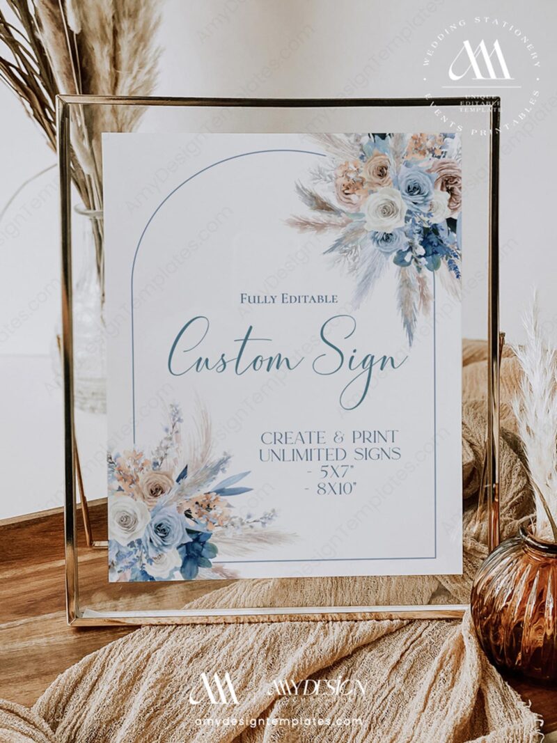 Dusty Blue Custom Sign Template | Editable Table Sign Printable Bohemian