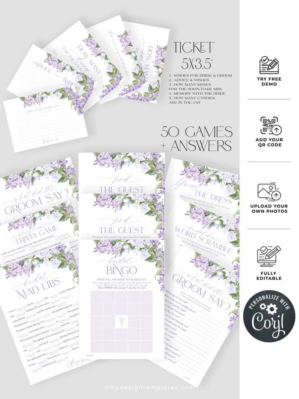 50 Purple Lilac Bridal Shower Games Templates | Printable Bridal Party ...