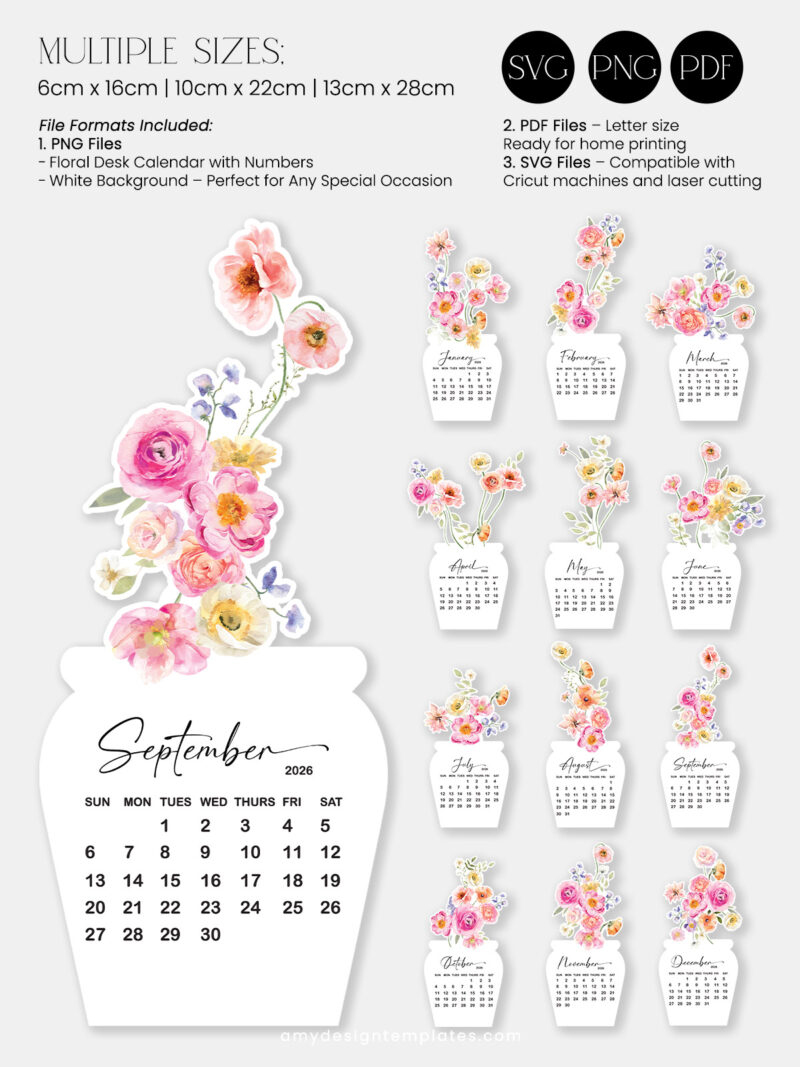 Floral Desk Calendar Printable 2026 | Colorful Flowers Vase Calendar ...