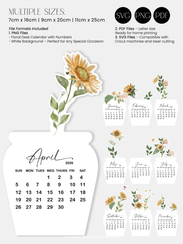 Sunflower Calendar Printable 2027 | Floral Desk Calendar 2027 2028 ...