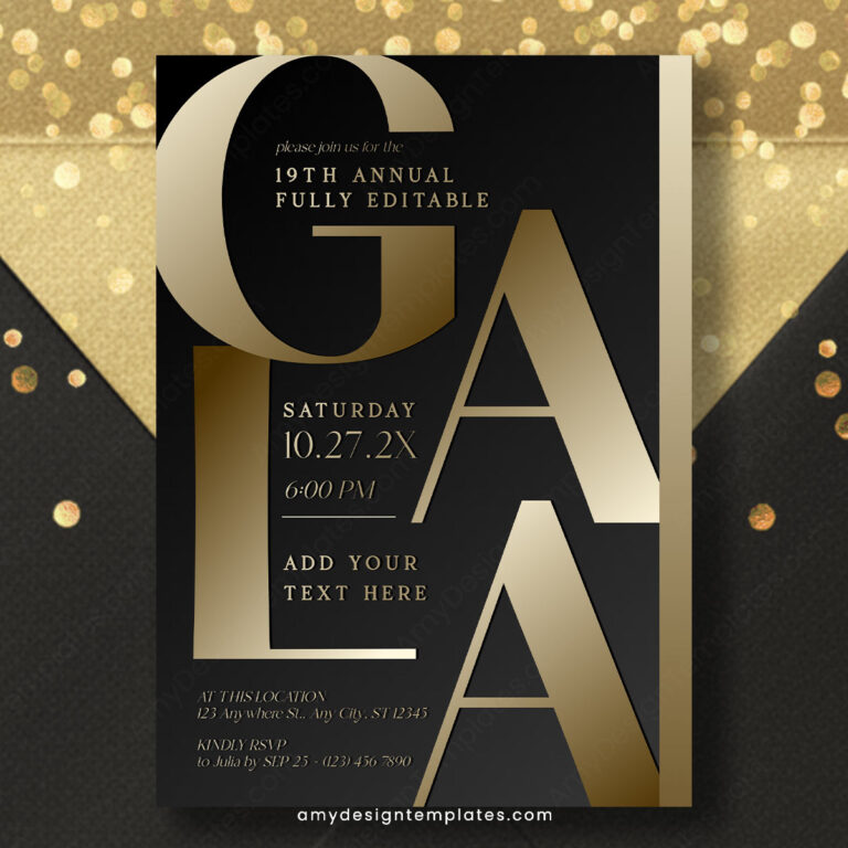 Elegant Gold And Black Gala Invitation Template | Printable Gala Dinner ...