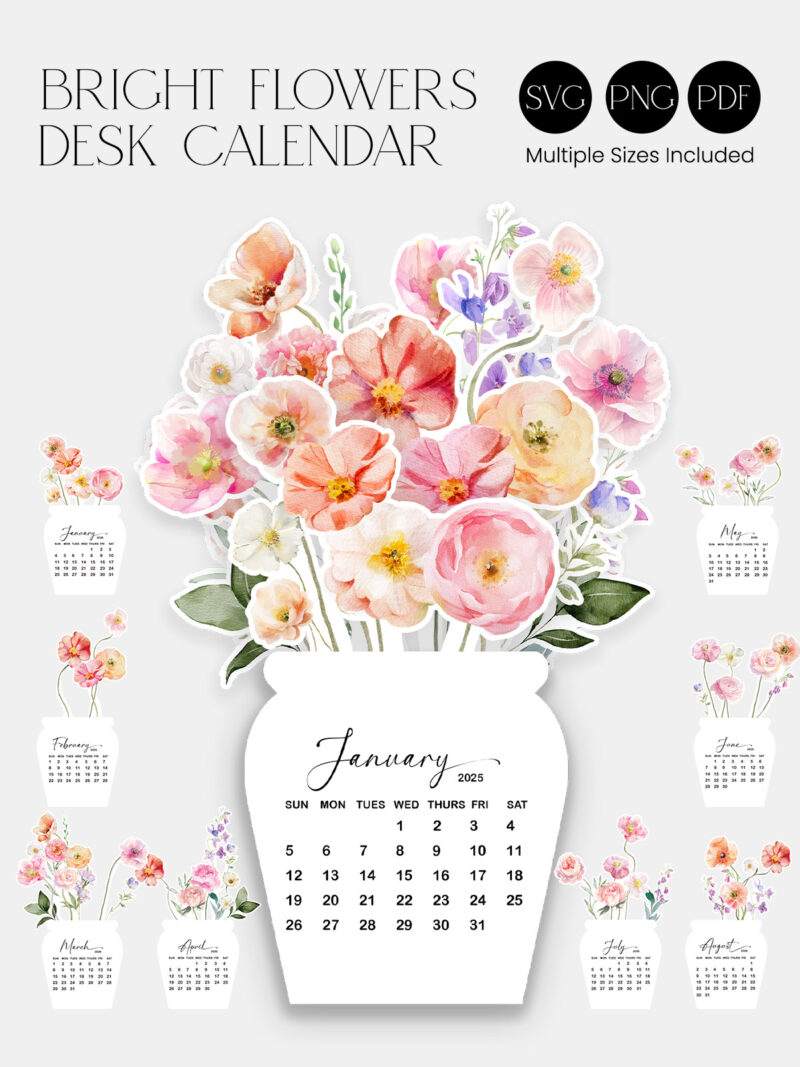 Bright Floral Desk Calendar Printable 2026 | Watercolor Flower Vase ...