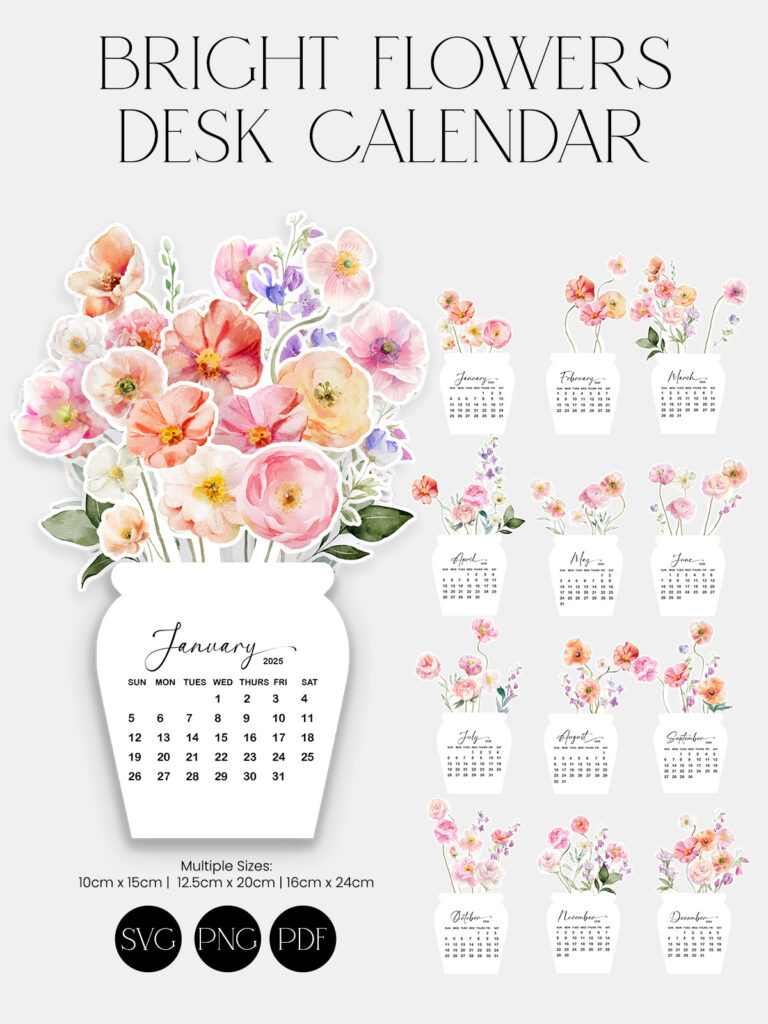 Free Printable Bright Flowers Vase Desk Calendar 2027 2028