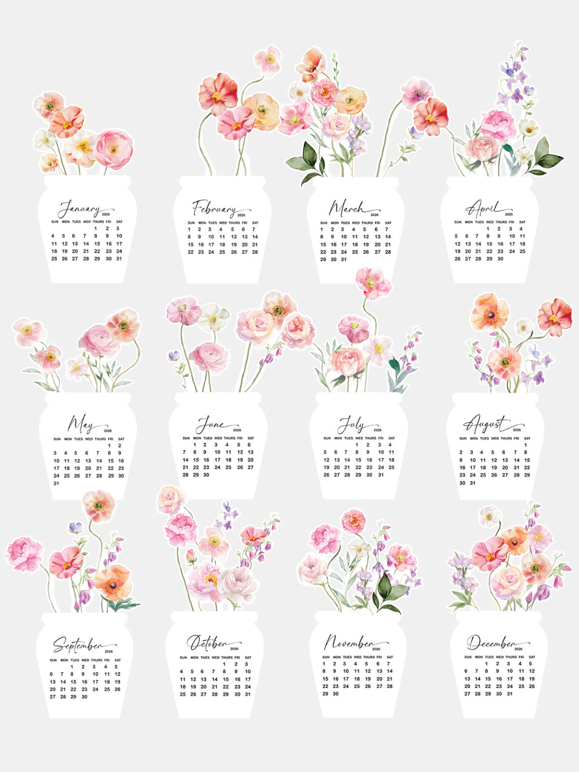 Free Printable Bright Flowers Vase Desk Calendar 2026
