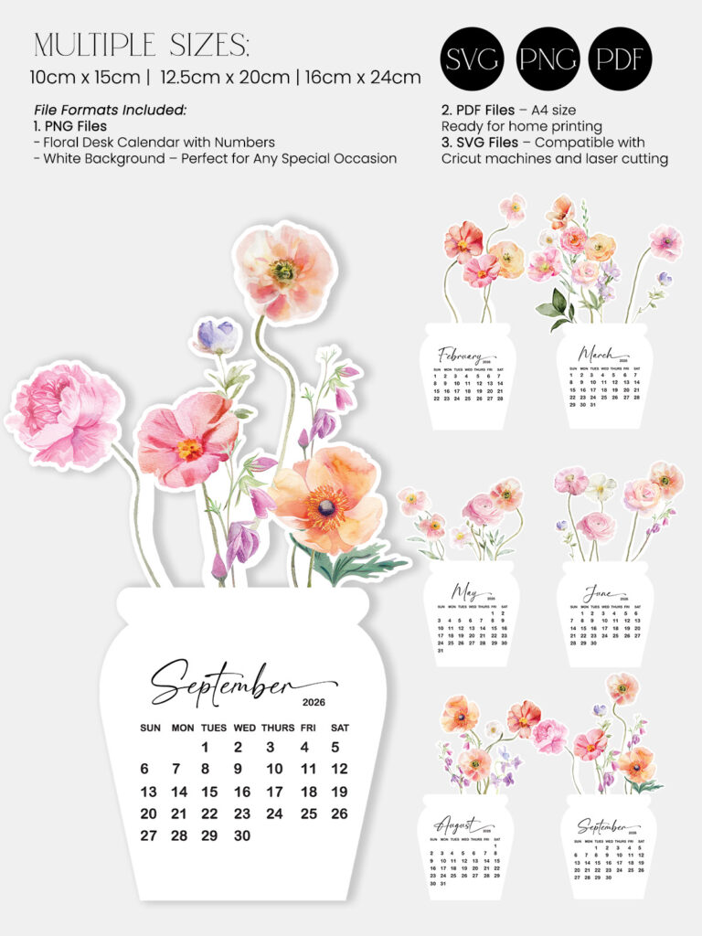 Bright Floral Desk Calendar Printable 2026 | Watercolor Flower Vase ...