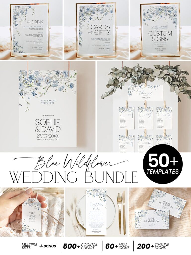 Blue Wildflower Wedding Invitation Template Suite | Amy Design