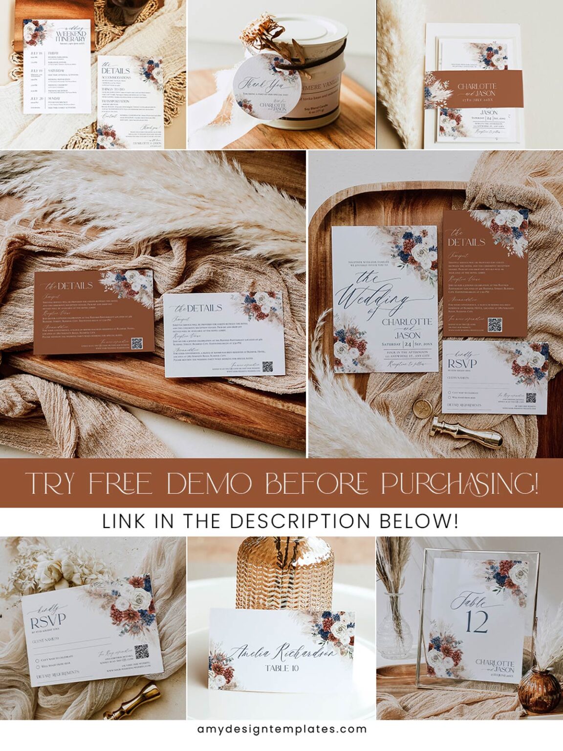 Navy Blue & Rust Wedding Template BUNDLE | 50+ Templates Editable ...