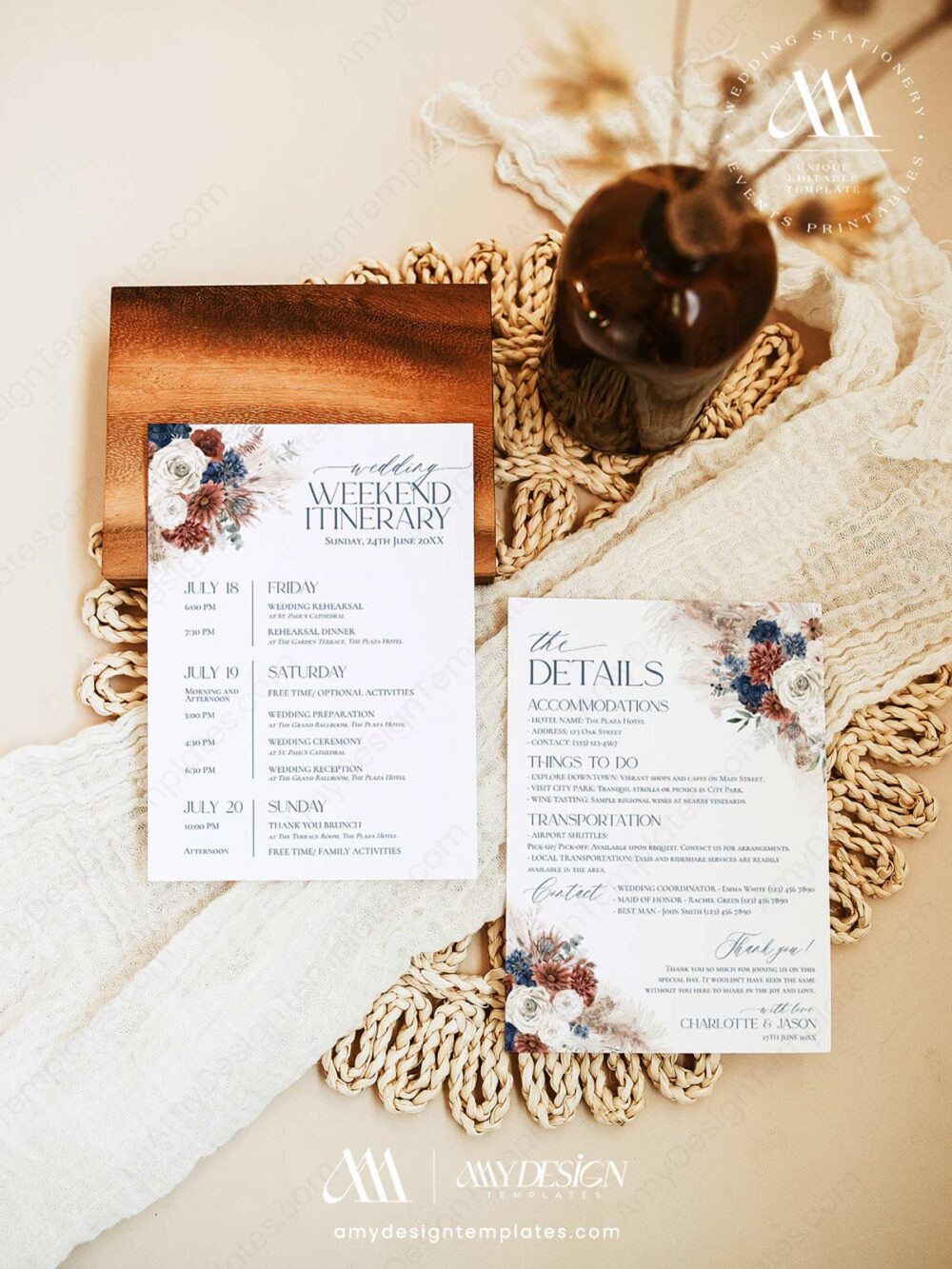 Navy Rust Wedding Itinerary Template | Welcome Itinerary Timeline