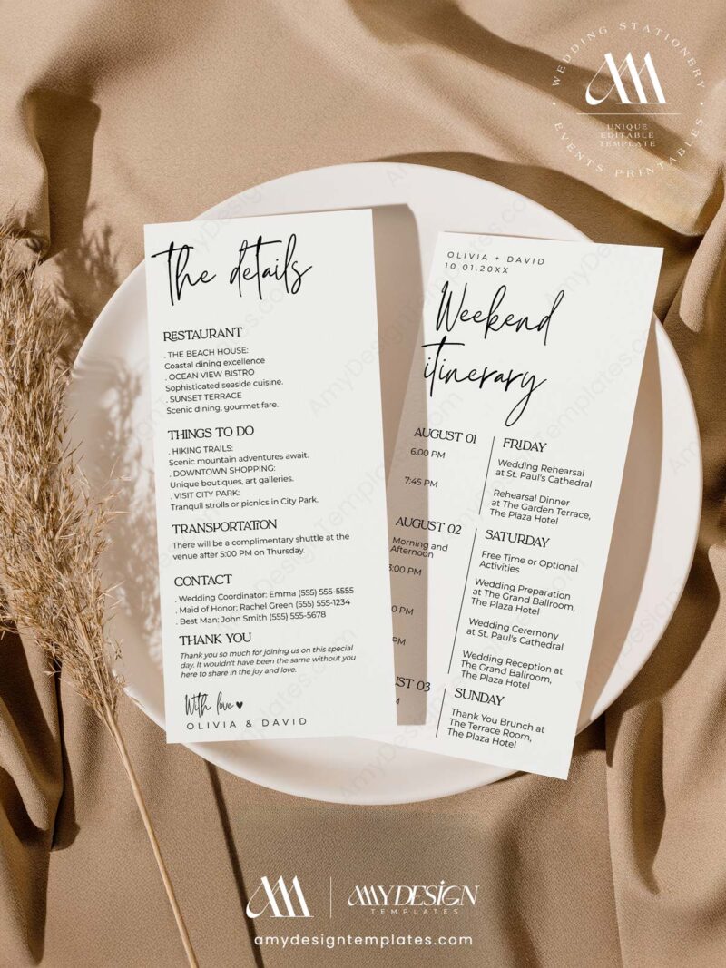 Modern Wedding Itinerary Weekend Events Template | Timeline Card Printable