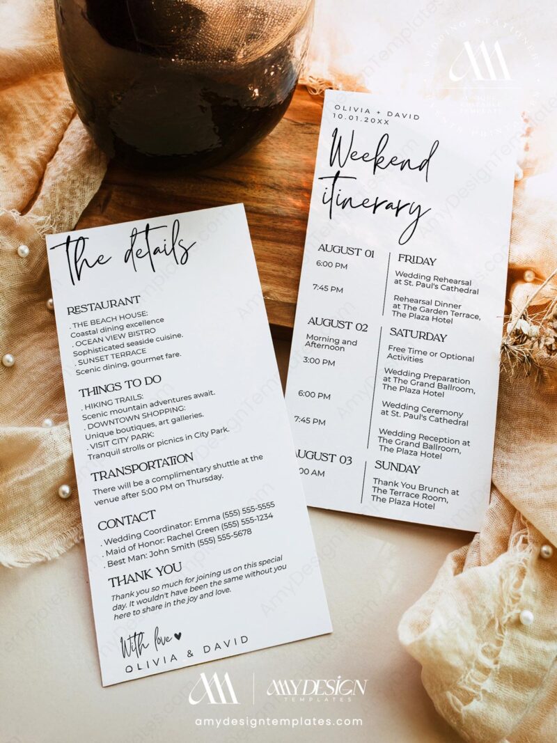 Modern Wedding Itinerary Weekend Events Template | Timeline Card Printable