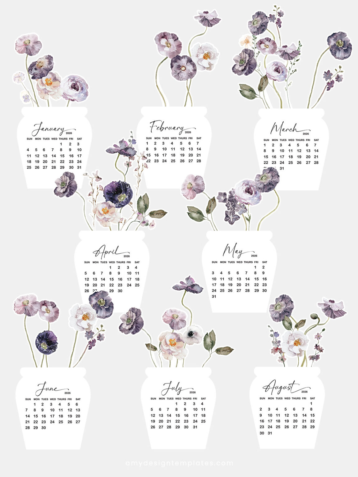 Free Printable Flowers Vase Desk Calendar Violet Purple Poppy ...