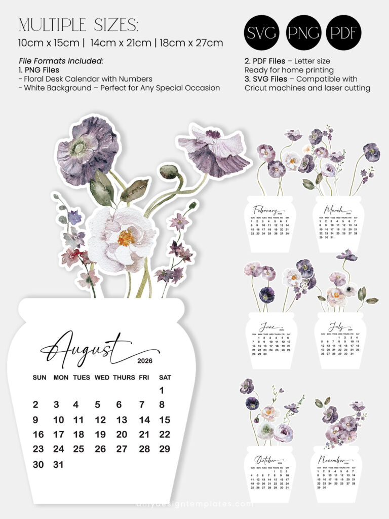 Printable Flowers Desk Calendar 2026 | Purple Floral Violet Poppy ...