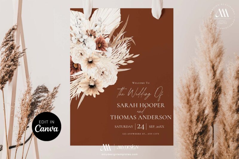 Dark Terracotta Boho Wedding Welcome Sign Template Canva Editable ...