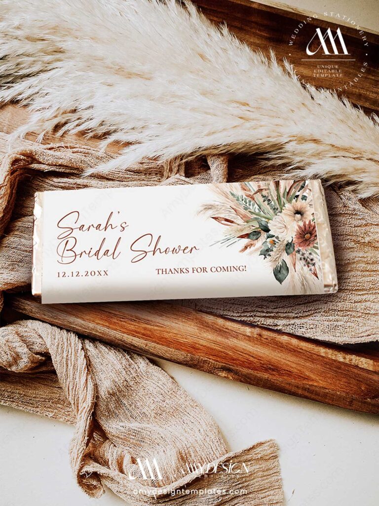Editable Boho Terracotta Chocolate Wrapper Template | Pampas Grass ...