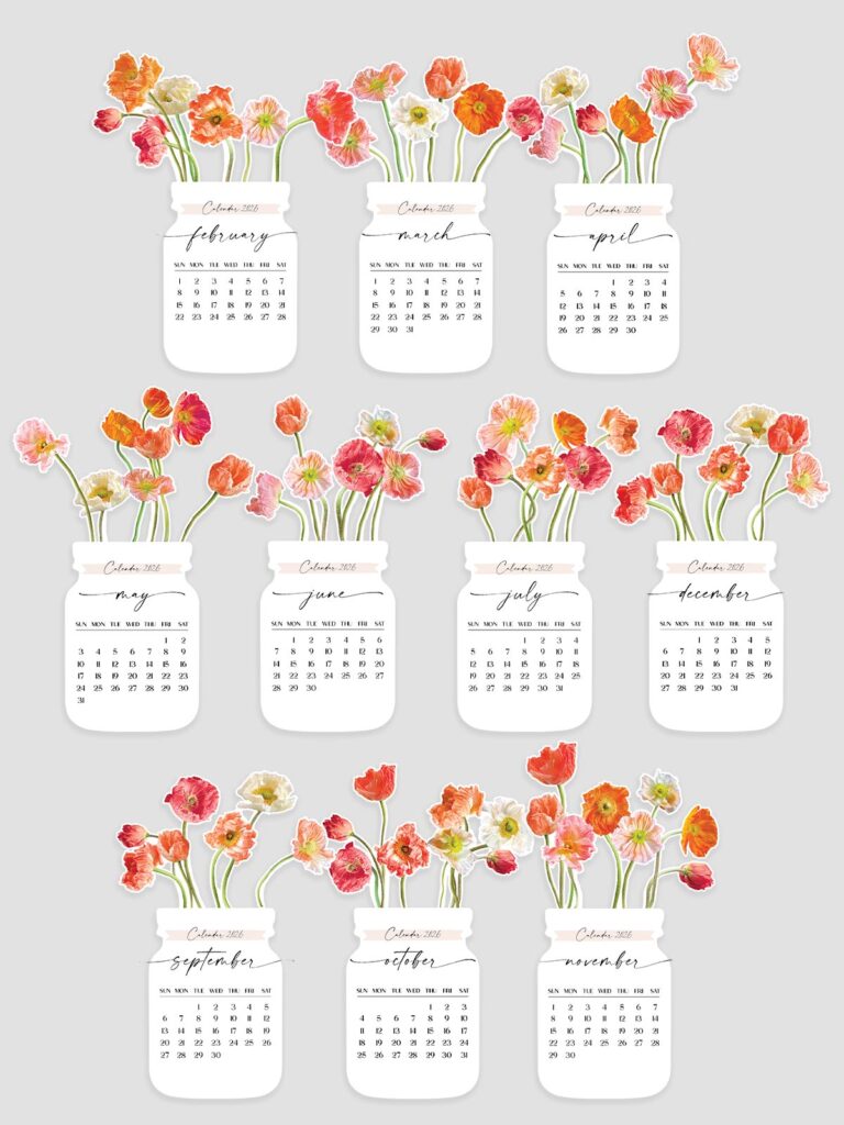 Printable Poppy Flowers Desk Calendar 2027 2028 (SVG, PNG, PDF ...