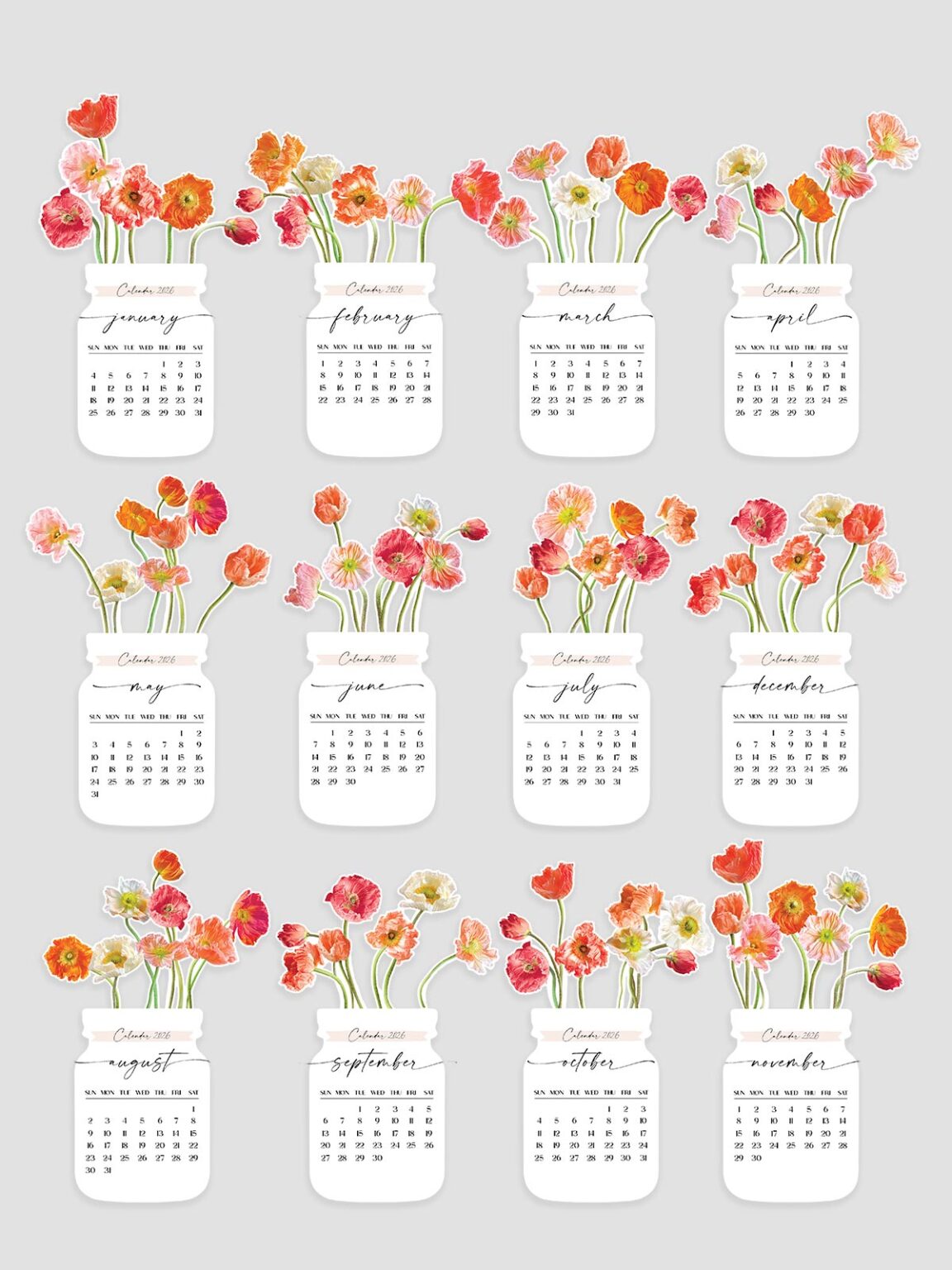 Printable Poppy Flowers Desk Calendar 2026 (SVG, PNG, PDF) | Vibrant ...