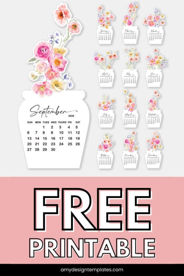 Free Printable PDF Desk Calendar Floral Design Colorful Flowers Vase 2026