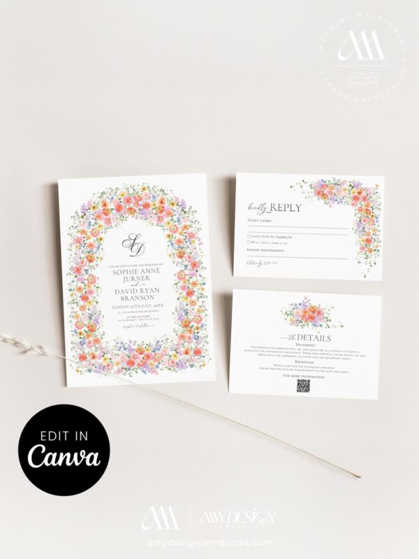 Colorful Wildflower Wedding Invitation Set Template | Floral Spring ...