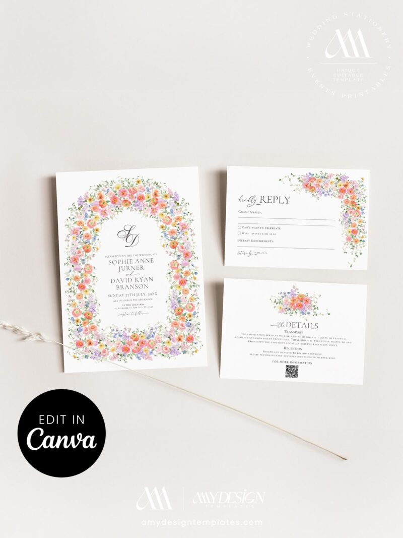 Colorful Wildflower Wedding Invitation Set Template | Floral Spring ...
