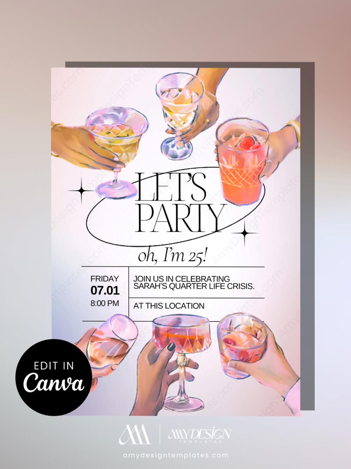 Modern Party Birthday Invitation Template | Cheers Cocktails Drinks ...