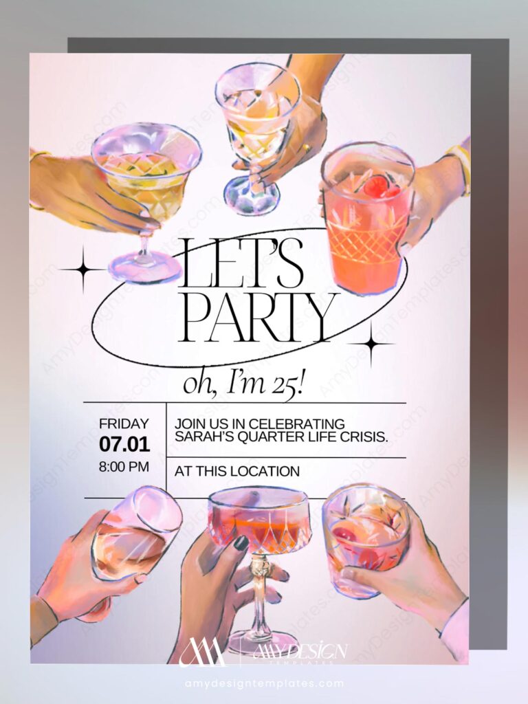 Modern Party Birthday Invitation Template | Cheers Cocktails Drinks ...
