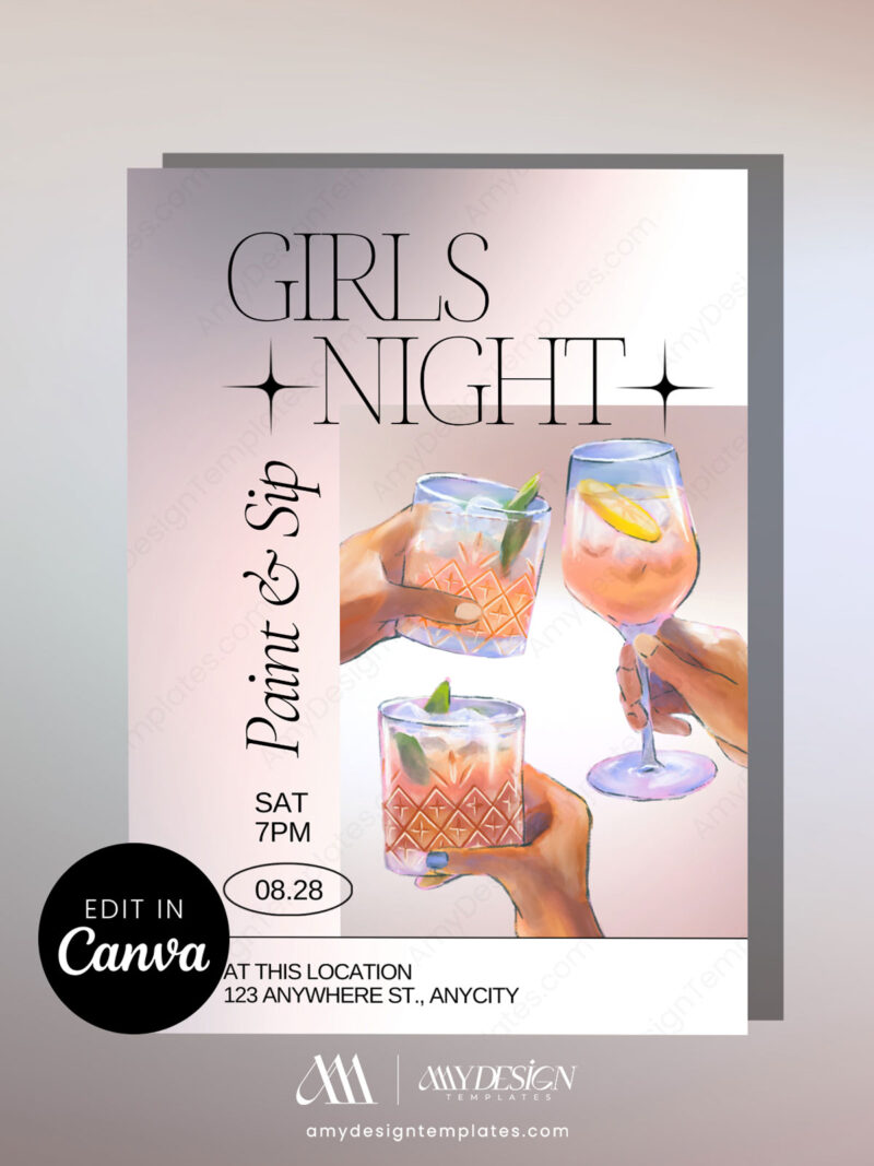 Paint And Sip Girls Night Party Invitation Template | Cocktails ...