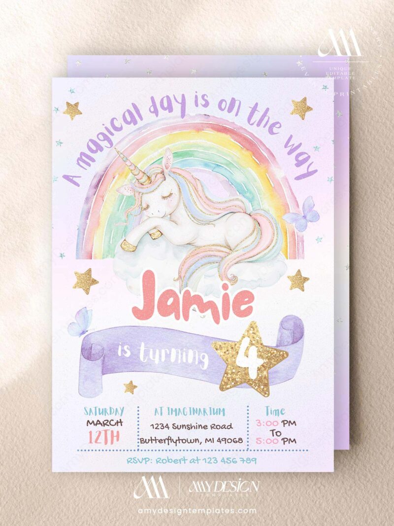 Editable Starry Unicorn Girls Birthday Invitation Canva Template ...
