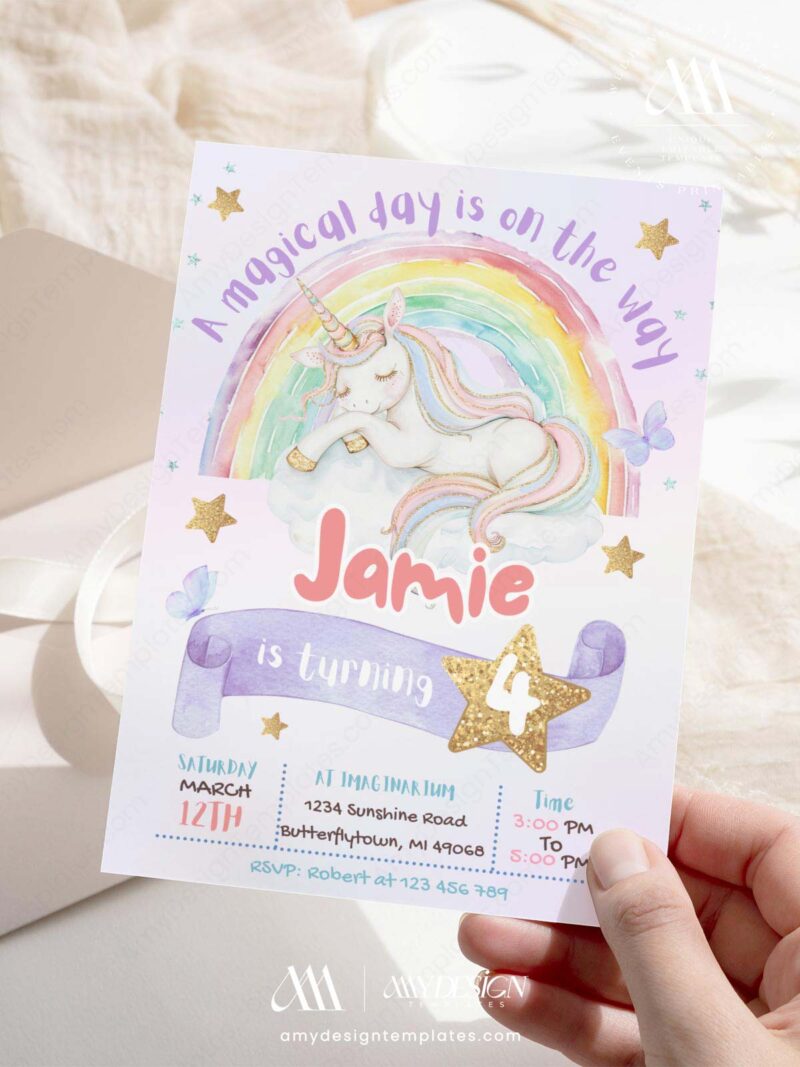 Editable Starry Unicorn Girls Birthday Invitation Canva Template ...