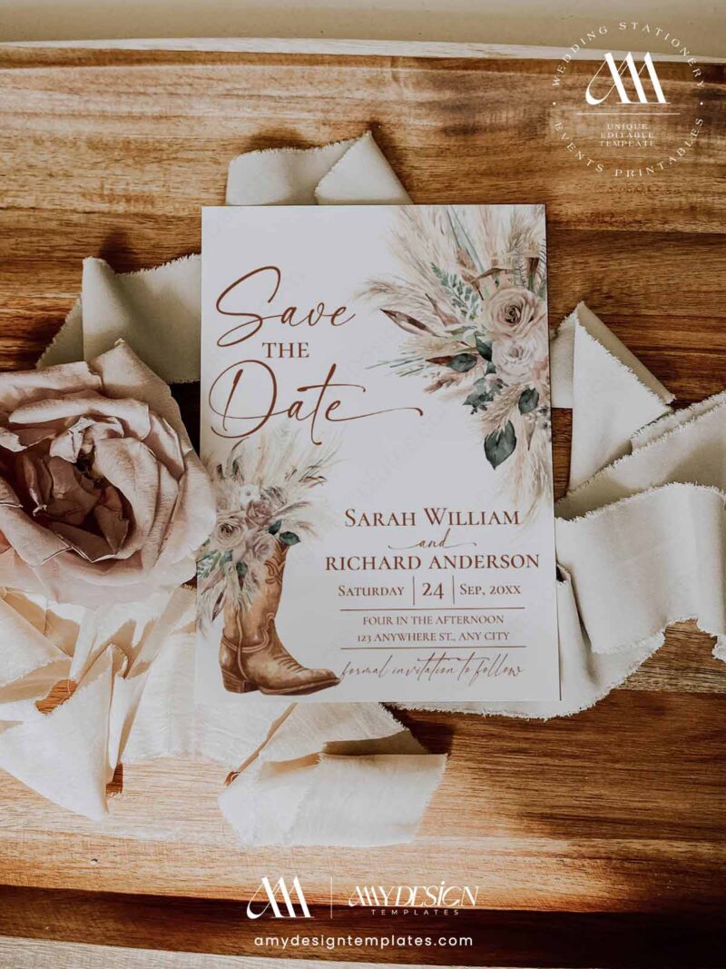 Rustic Western Boho Cowgirl Boots Save The Date Card Template | Desert ...